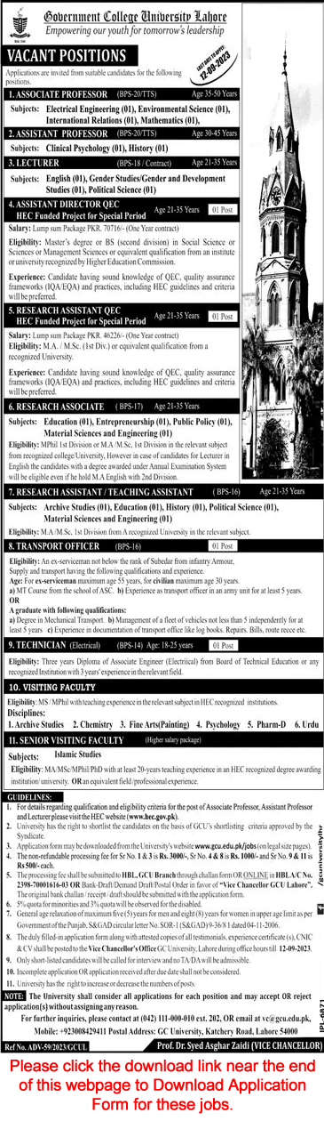 Gc University Lahore Jobs August 2023 Application Form Teaching Faculty